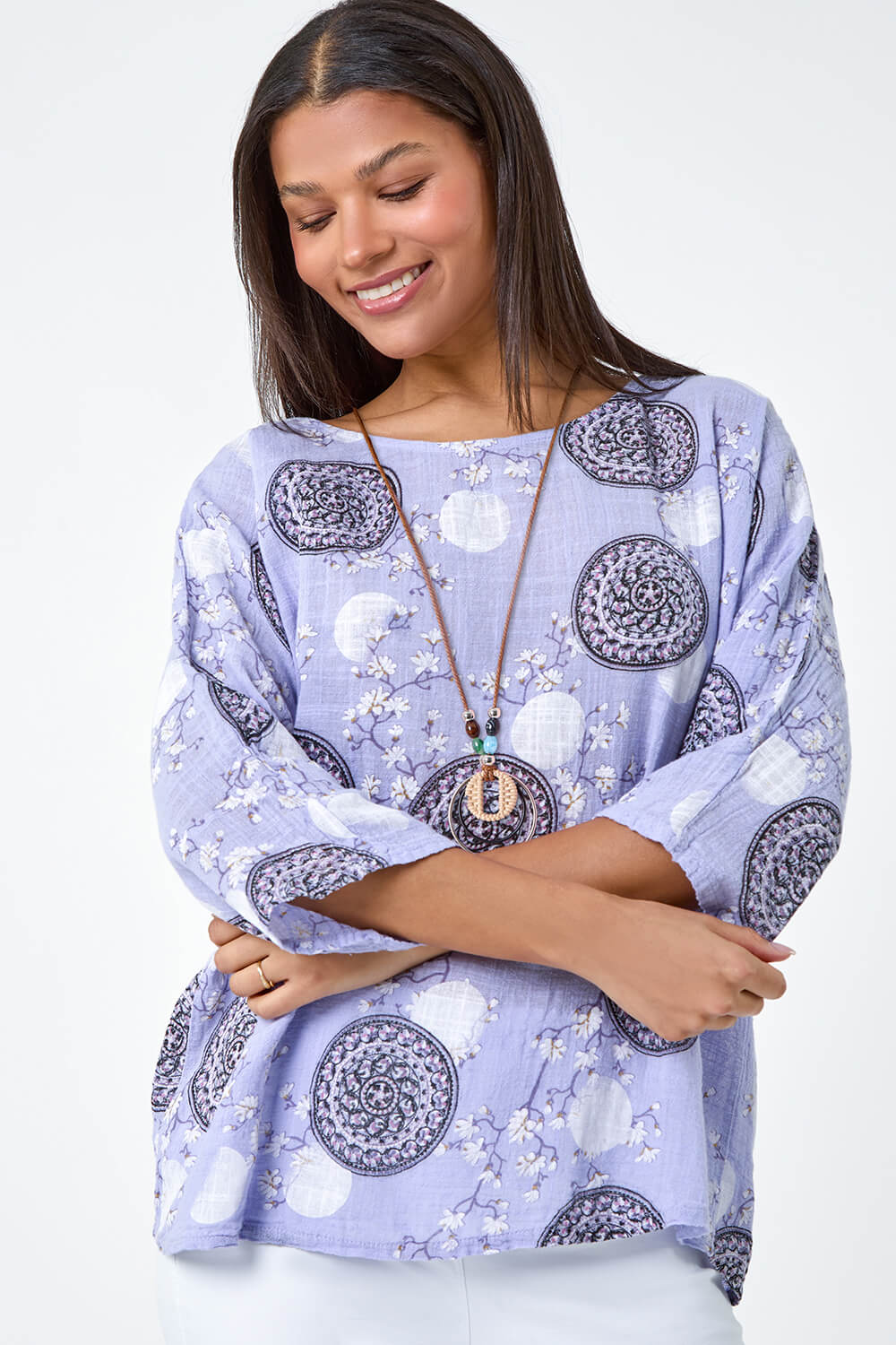 Lilac Floral Embroidered Cotton Tunic Top | Roman UK