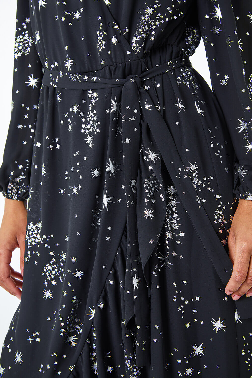 Metallic Star Wrap Midi Dress in Black - Roman Originals UK