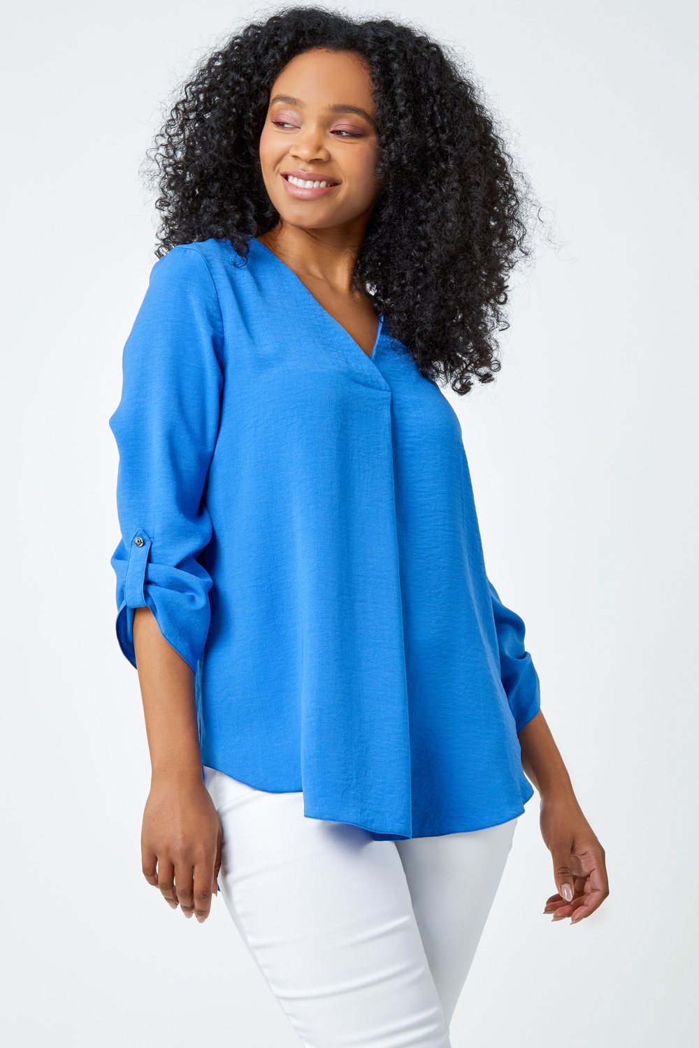 Petite Pleat Front Plain Top in Blue - Roman Originals UK