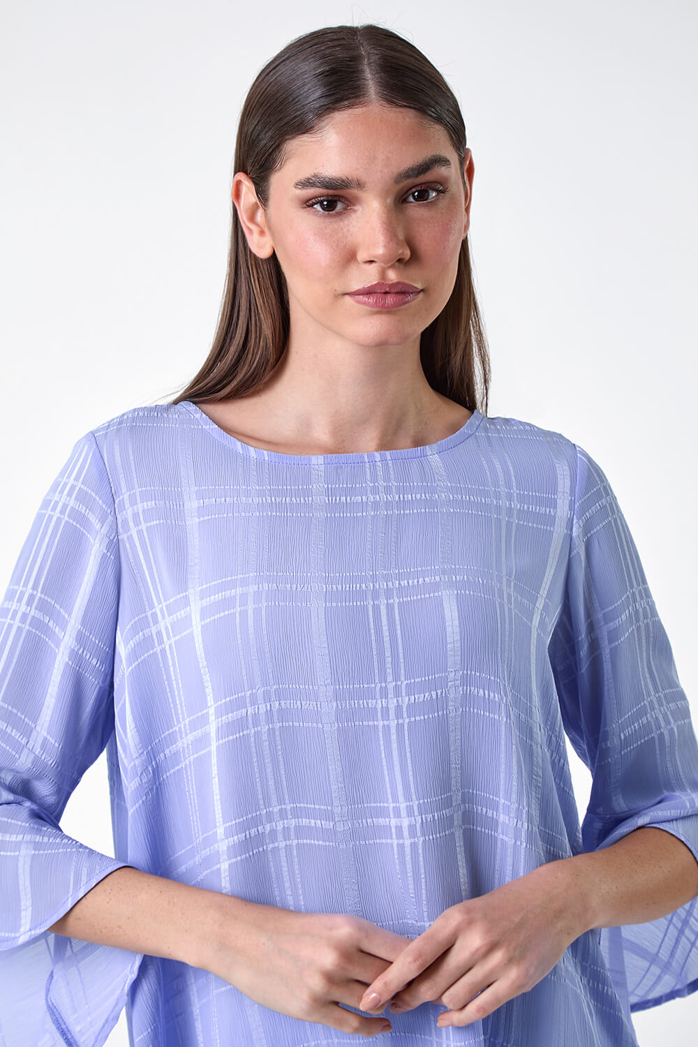 Light Blue Satin Stripe Frill Sleeve Top | Roman UK