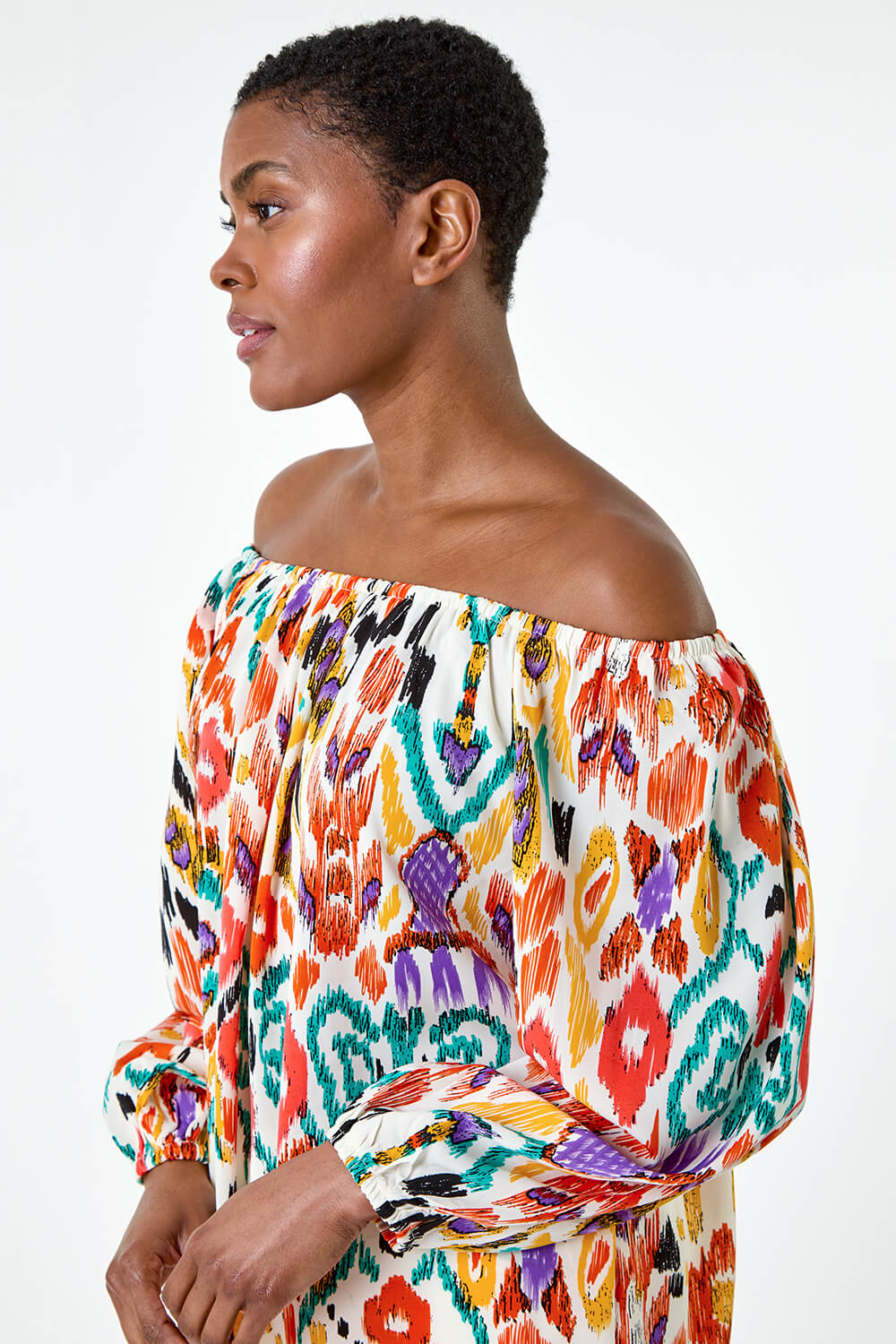 Orange Aztec Print Stretch Bardot Top | Roman UK