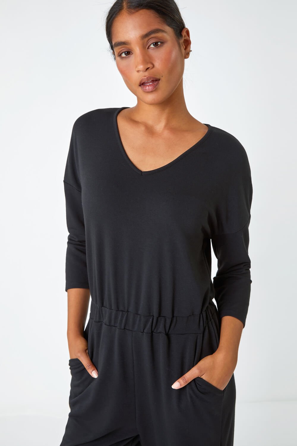 Black Elasticated Waist Stretch Jumpsuit | Roman UK