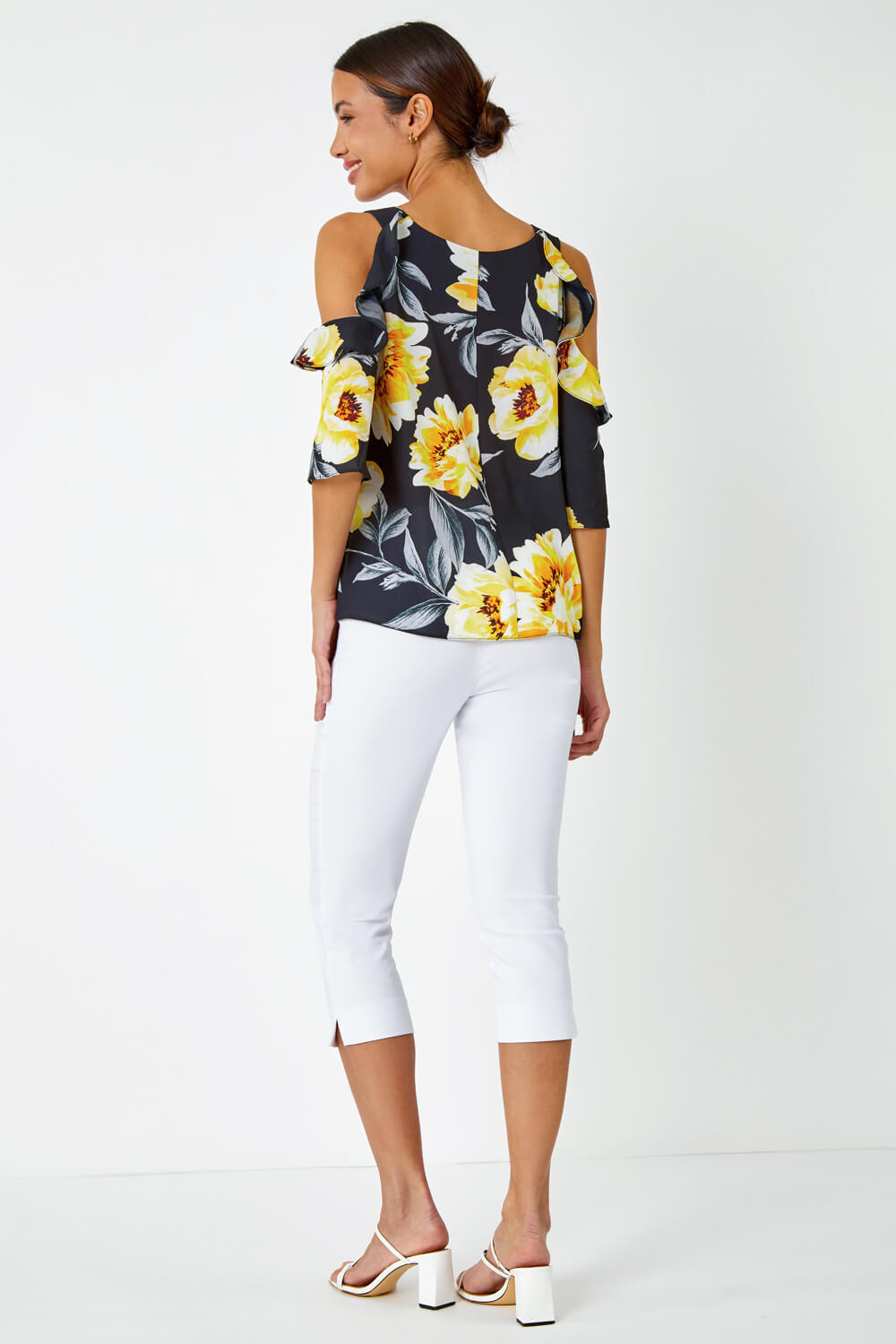 Yellow Floral Ruffle Detail Cold Shoulder Top | Roman UK