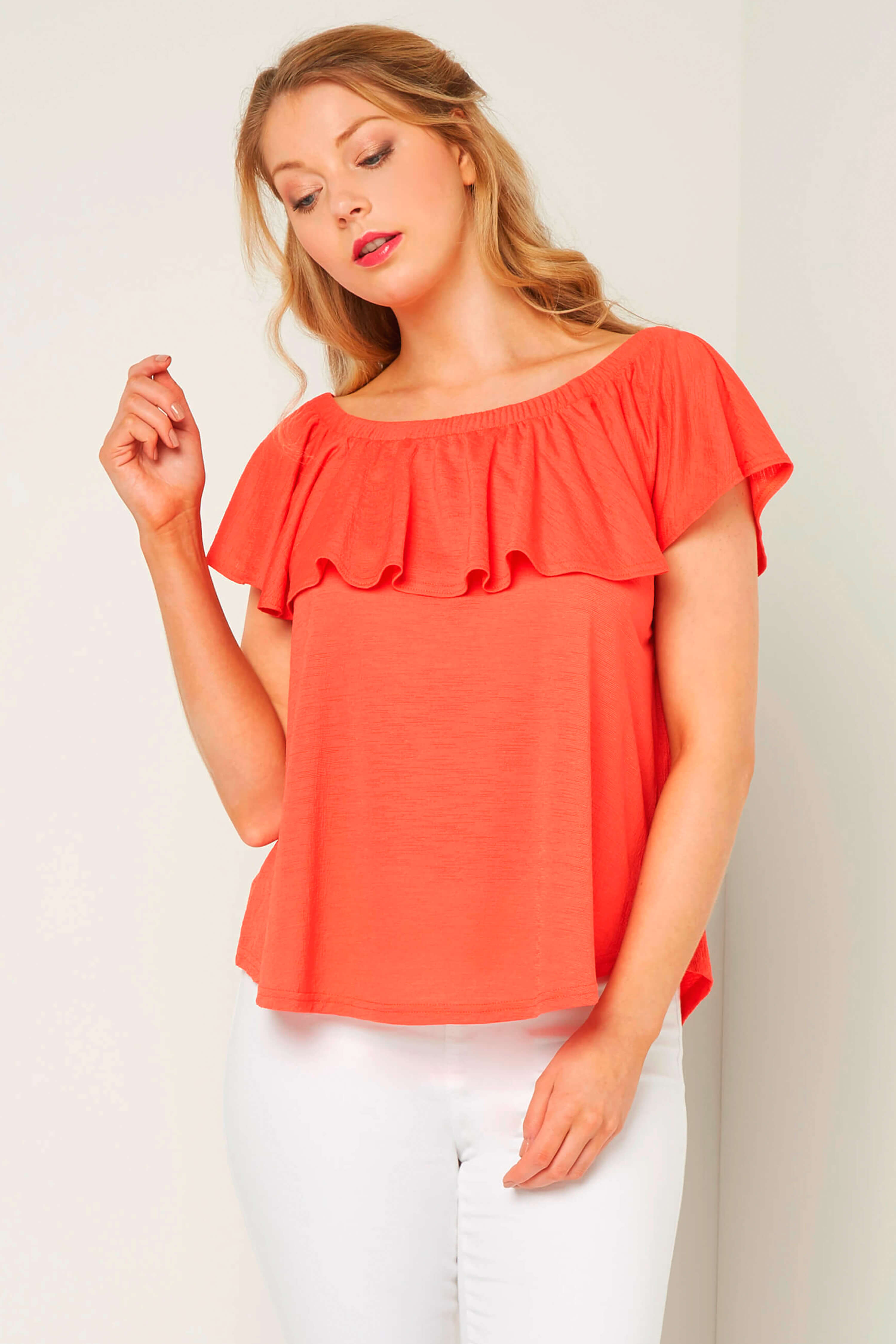 Textured Jersey Bardot Top in Orange - Roman Originals UK