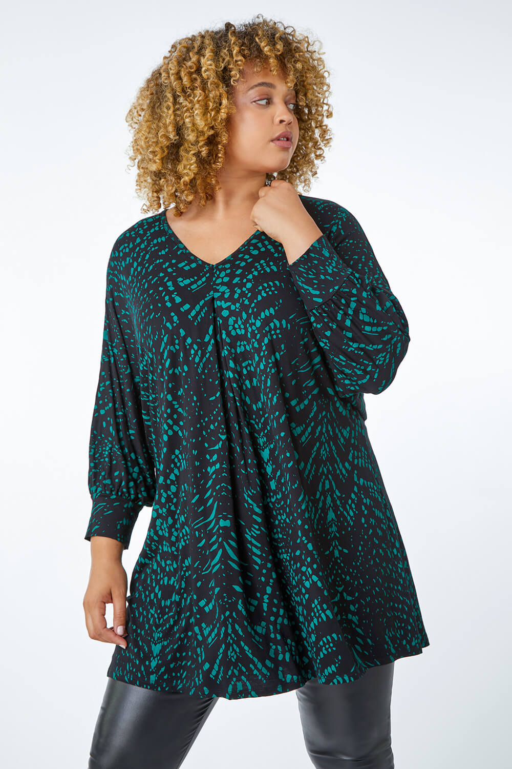 Curve Abstract Print Slouch Top in Green - Roman Originals UK