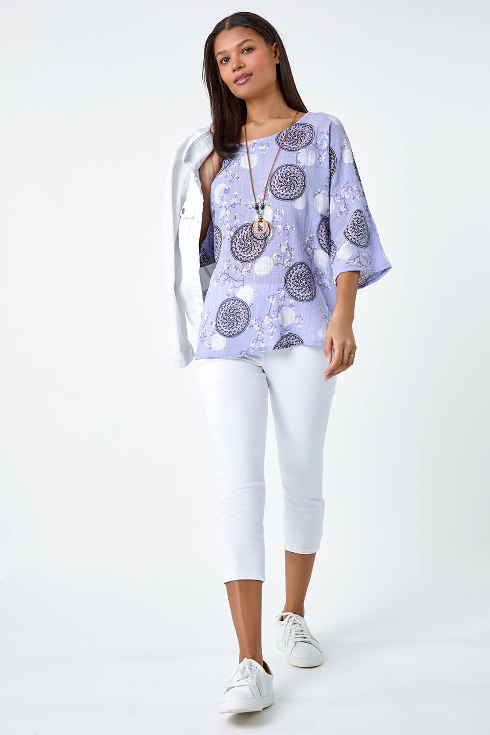 Lilac Floral Embroidered Cotton Tunic Top | Roman UK