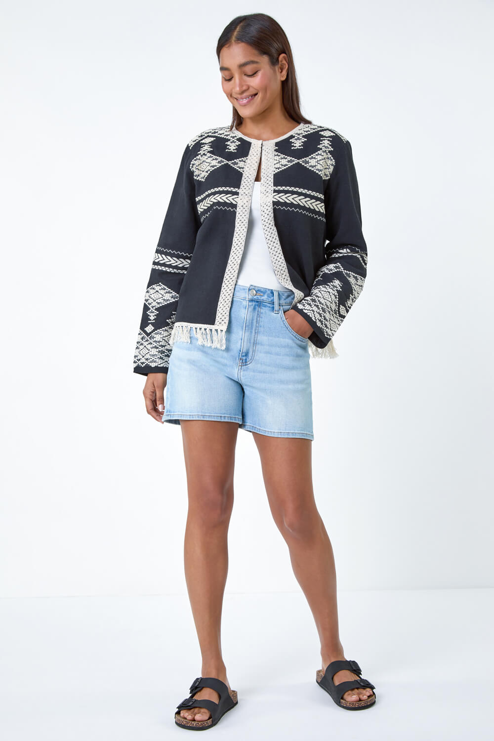 Black Cotton Blend Aztec Fringe Detail Jacket | Roman UK
