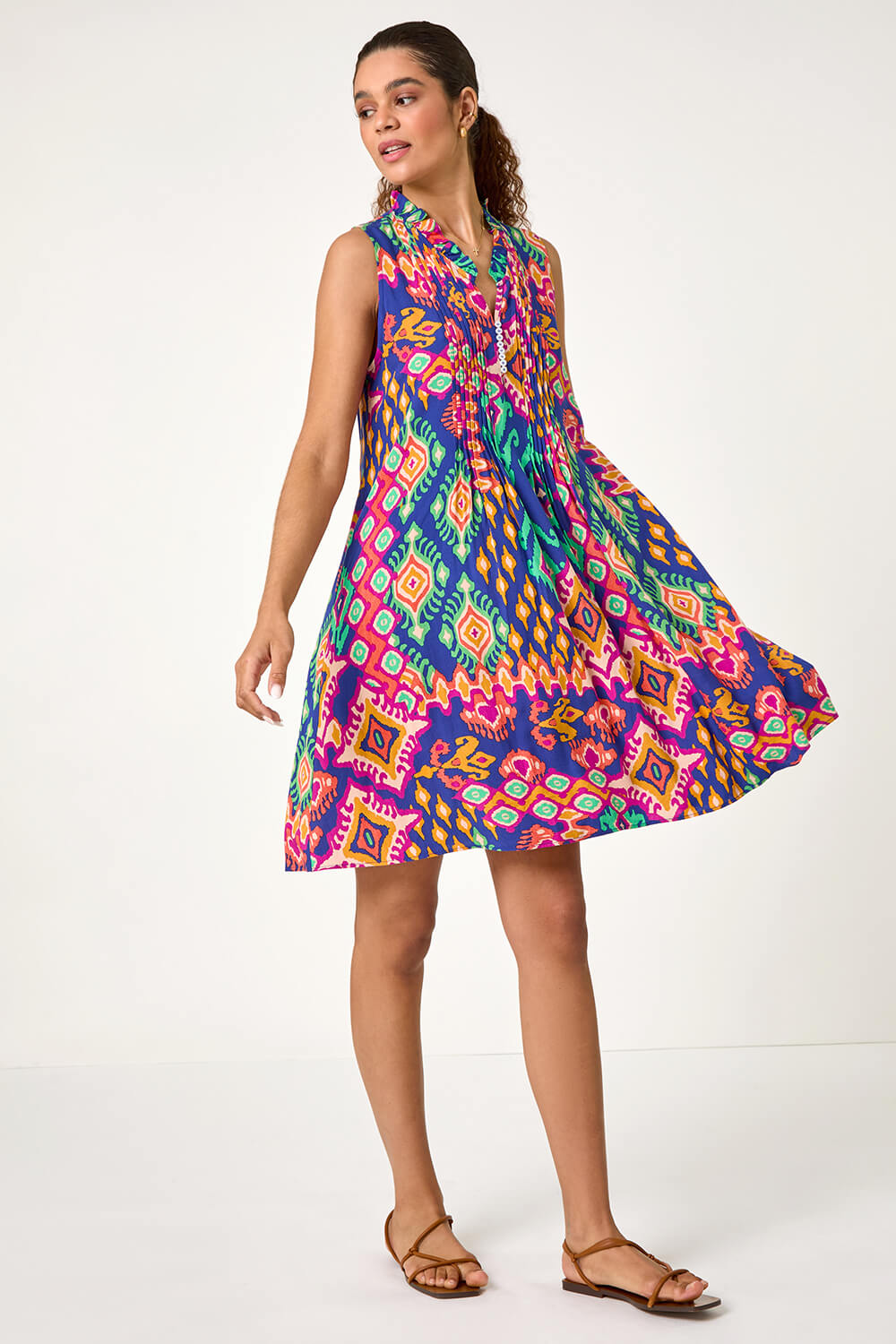 Purple Aztec Print Pintuck Detail Smock Dress | Roman UK