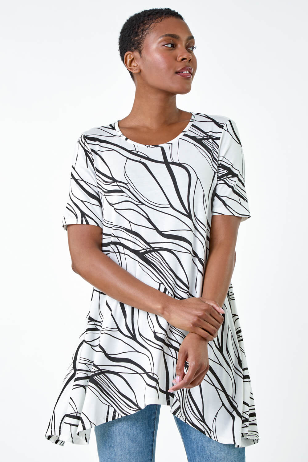 Ivory Abstract Hanky Hem Stretch Tunic Top | Roman UK