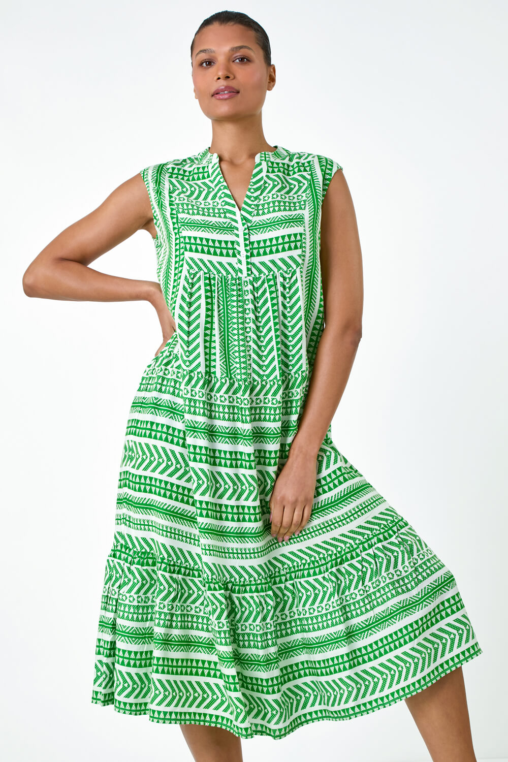 Green Aztec Print Tiered Midi Smock Dress | Roman UK