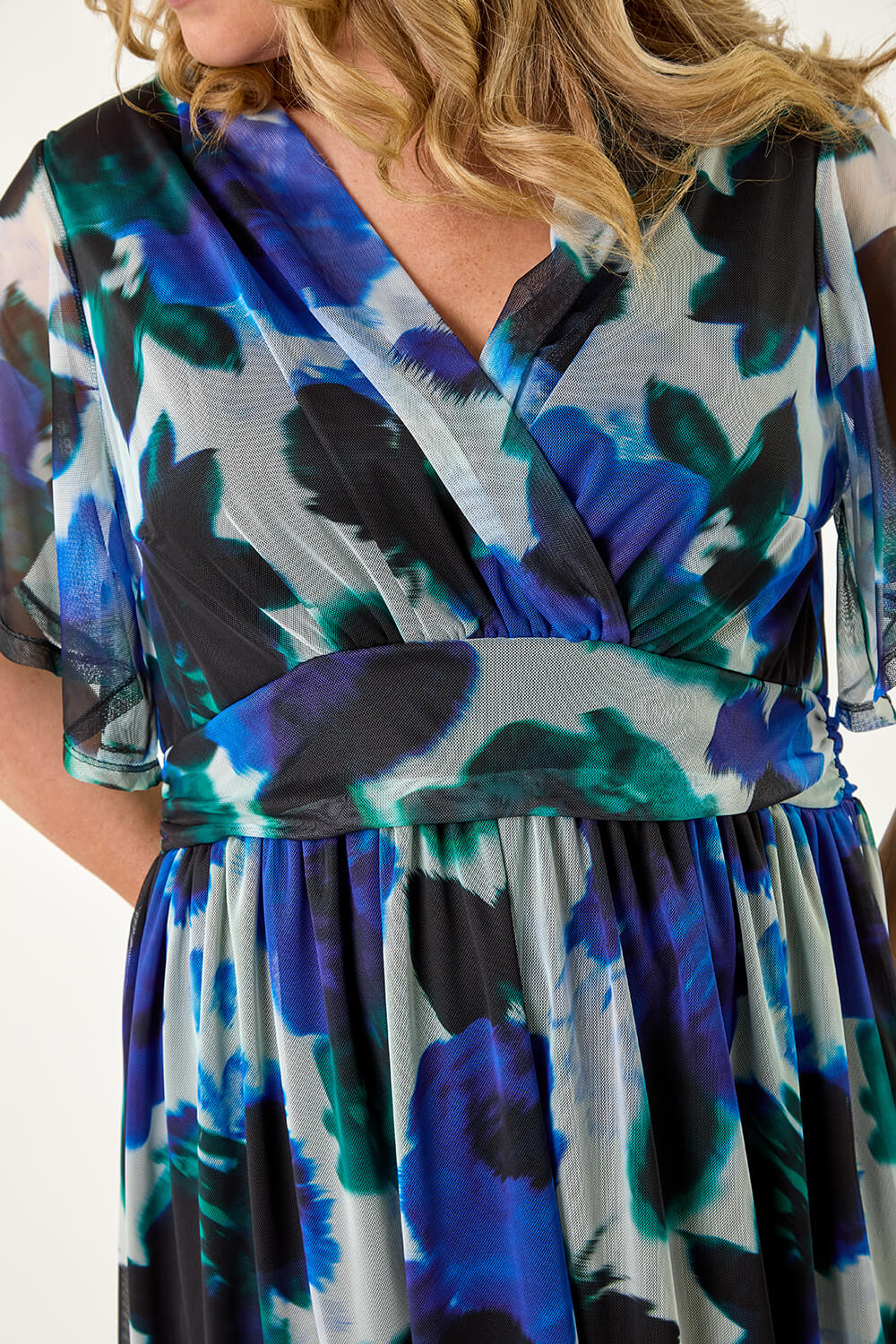 Blue Curve Abstract Print Stretch Mesh Wrap Dress | Roman UK