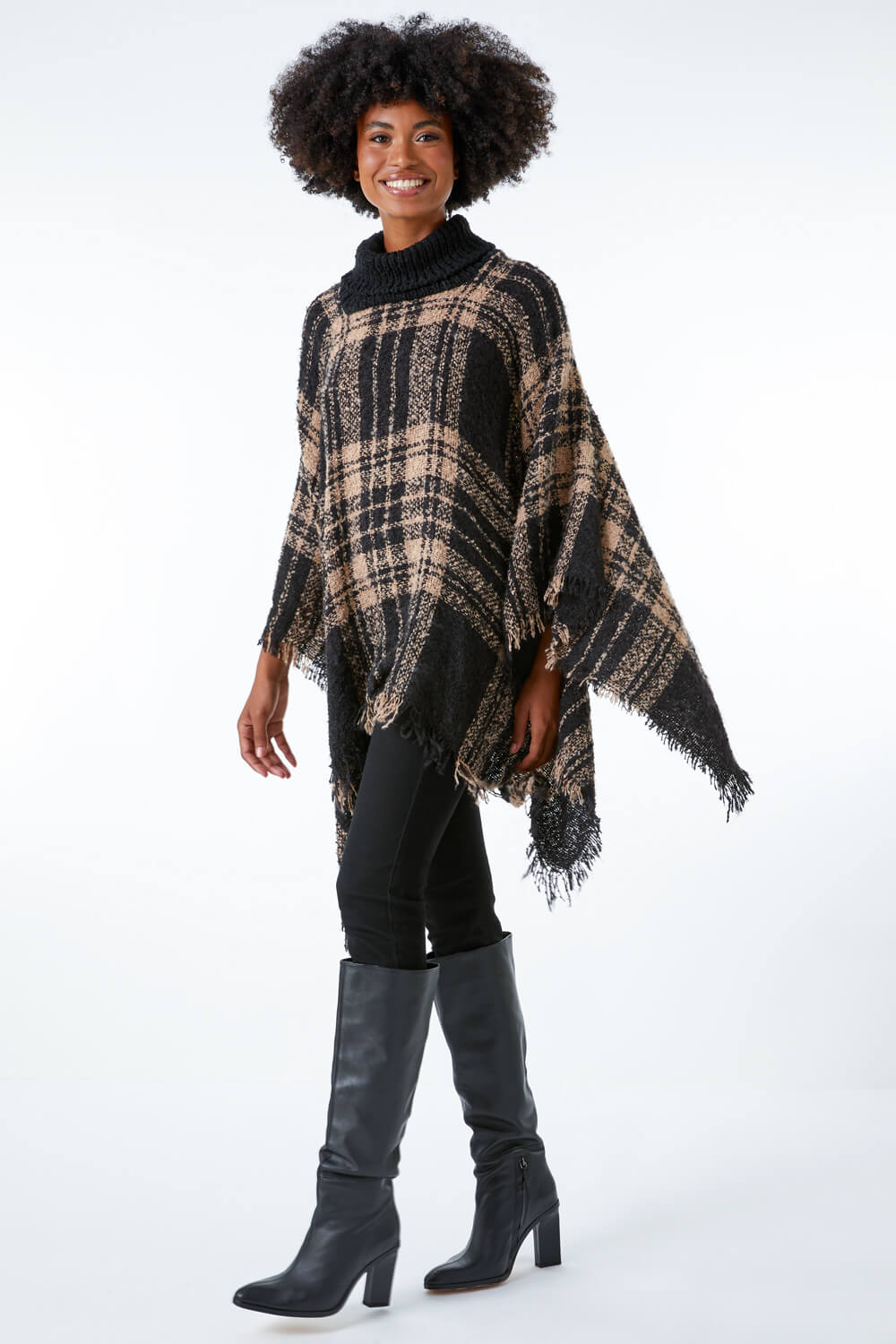 Check Knit Roll Neck Poncho in Camel - Roman Originals UK