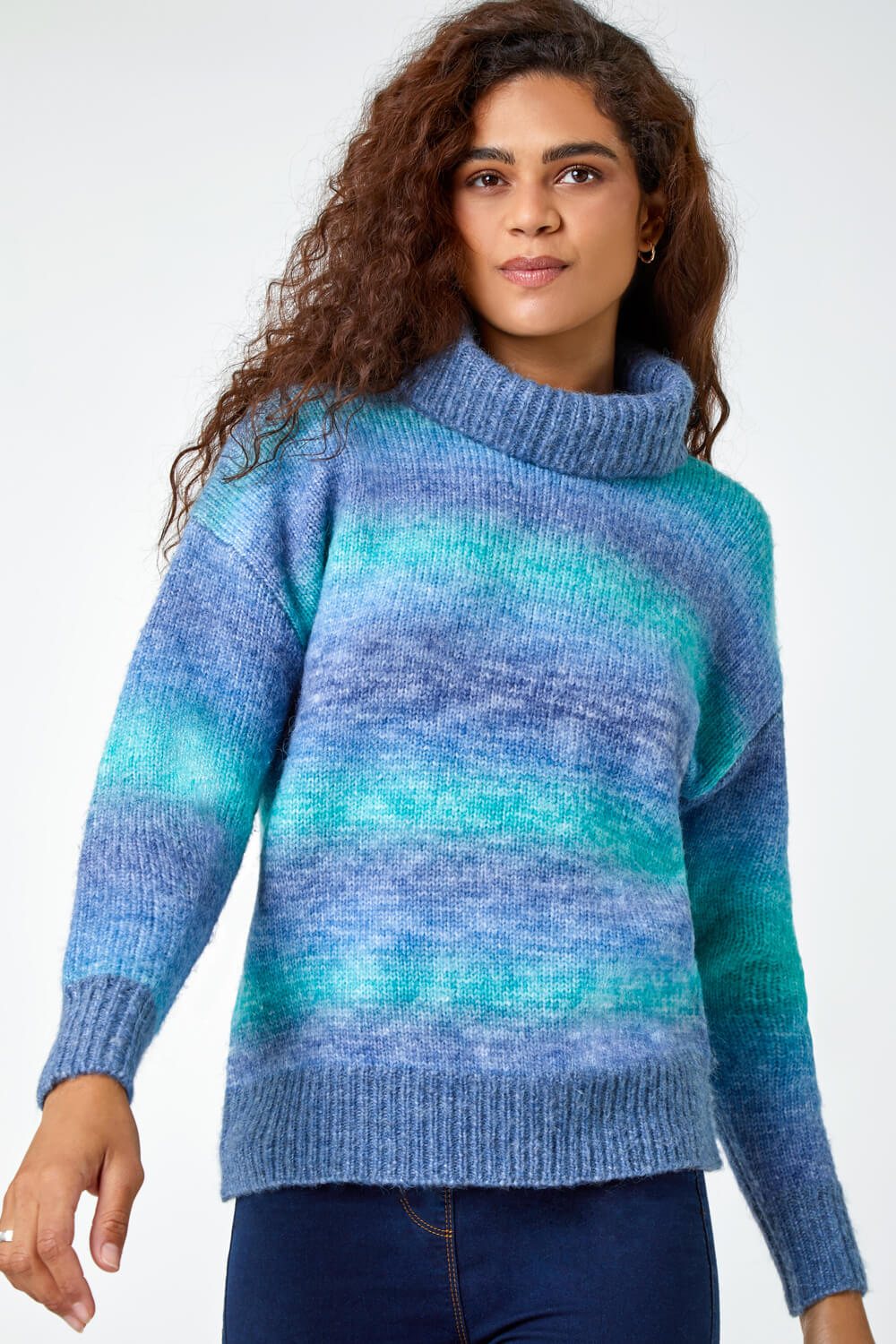 Blue Roll Neck Ombre Jumper | Roman UK