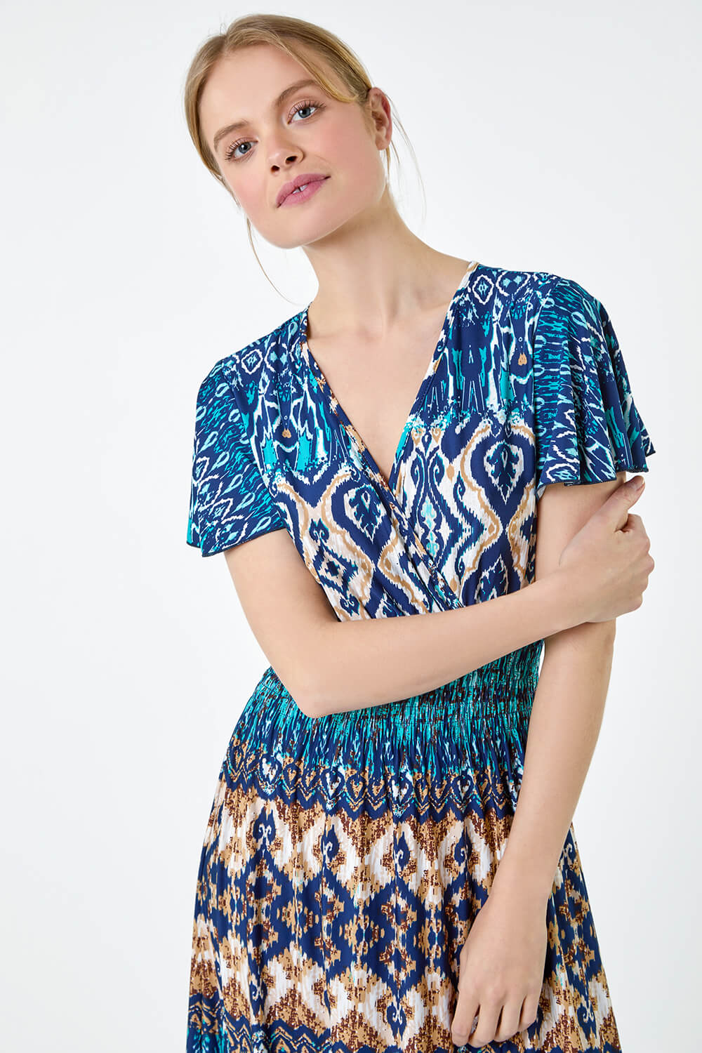 Teal Aztec Print Shirred Stretch Maxi Dress | Roman UK