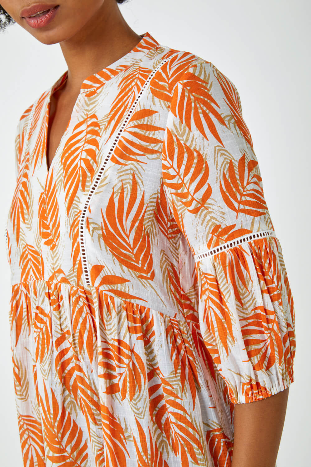 Leaf Print Smock Tunic Top in Orange - Roman Originals UK