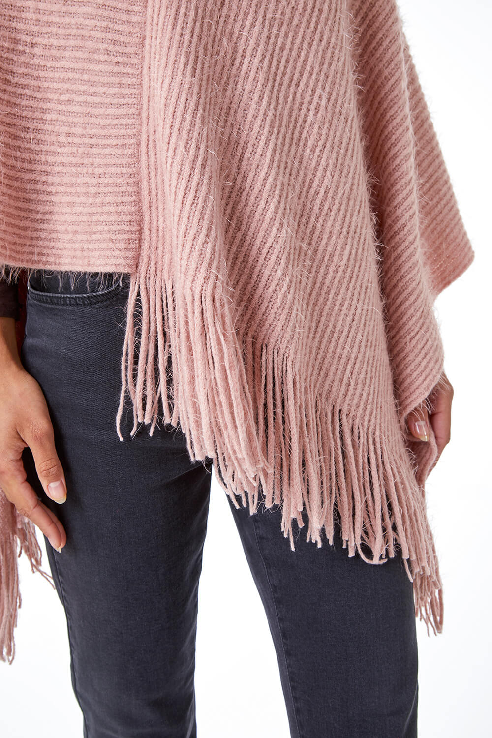 Fluffy Ribbed Poncho in Light Pink - Roman Originals UK