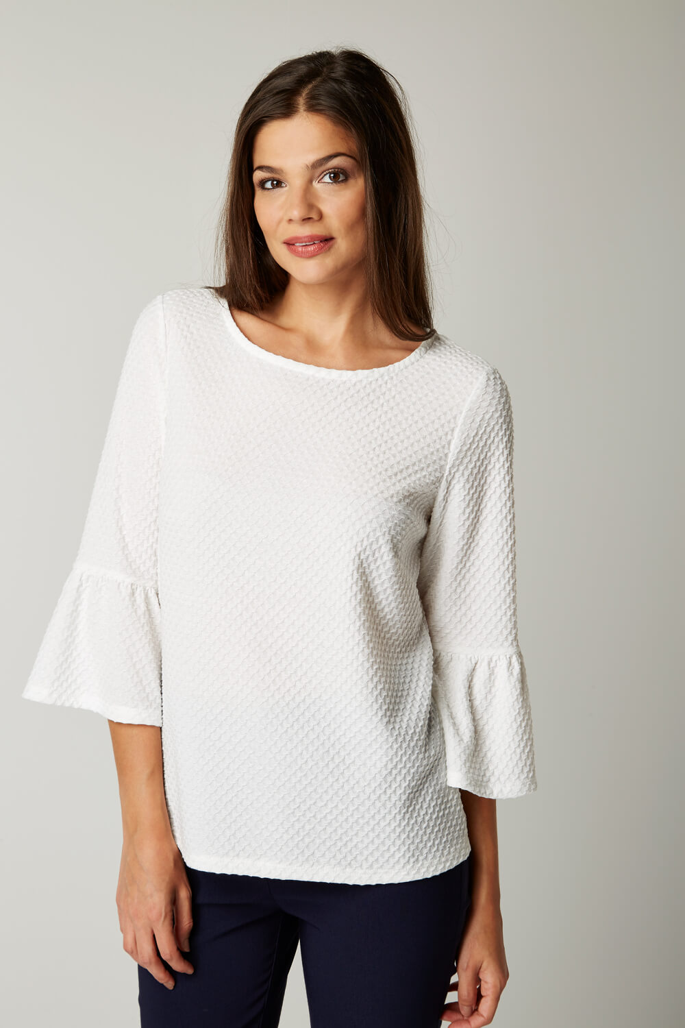 Textured Flute Sleeve Top in Ivory - Roman Originals UK