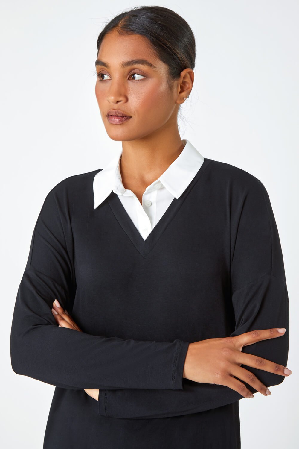 Black Shirt Collar Stretch Top | Roman UK