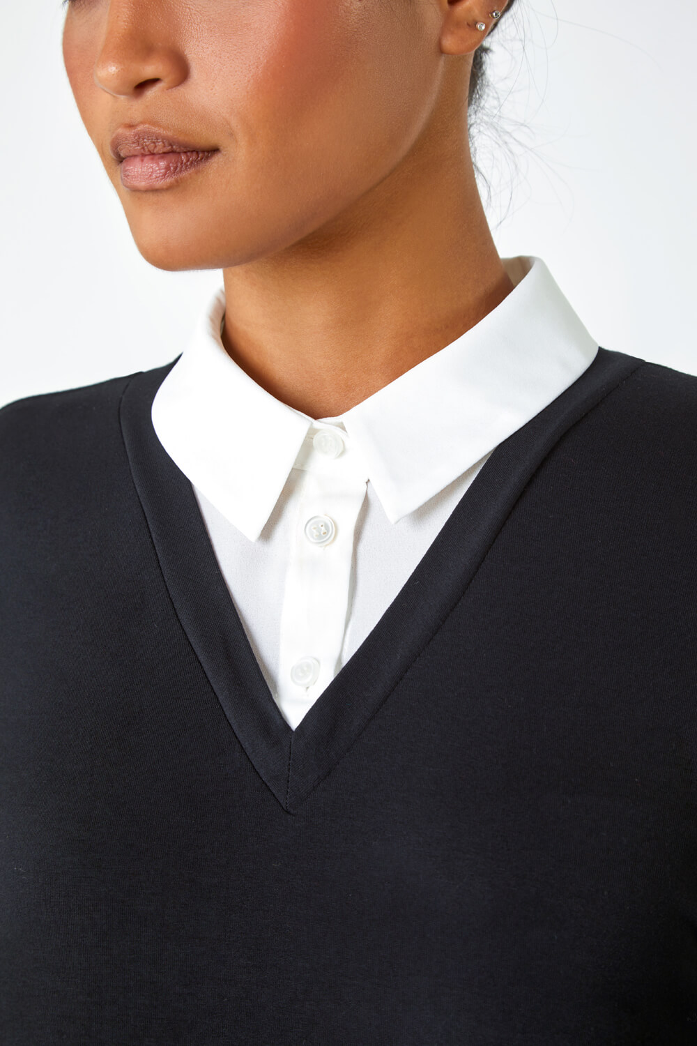 Black Shirt Collar Stretch Top | Roman UK
