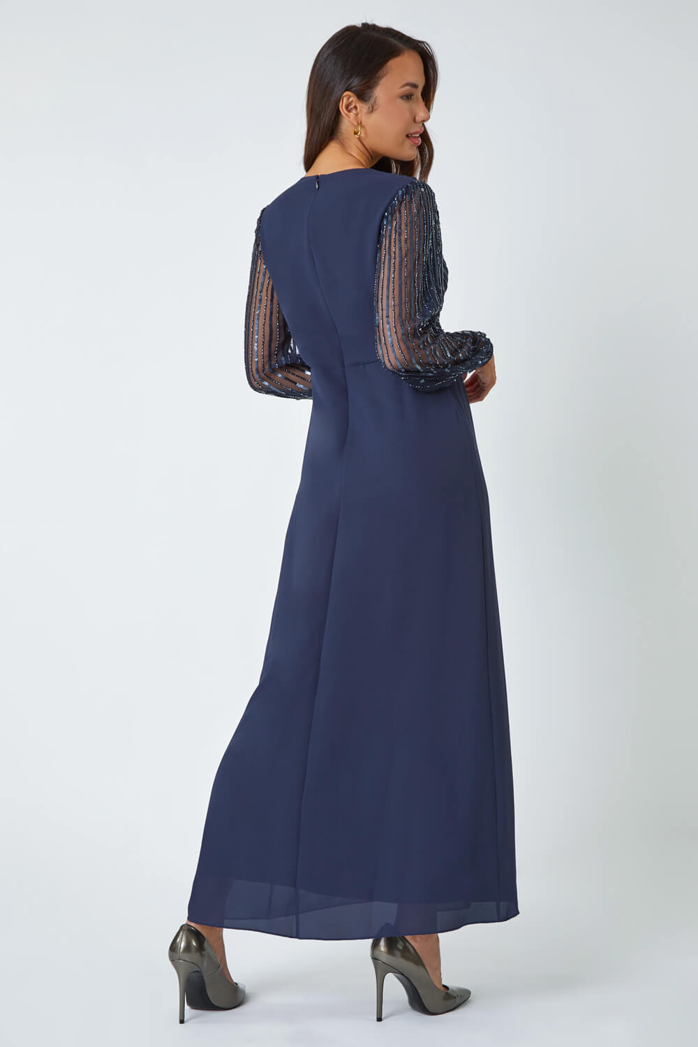 Midnight Blue Sparkle Bead Embellished Maxi Dress Roman Uk