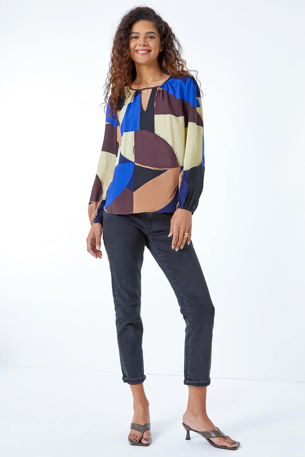 Keyhole Abstract Print Top in Camel - Roman Originals UK