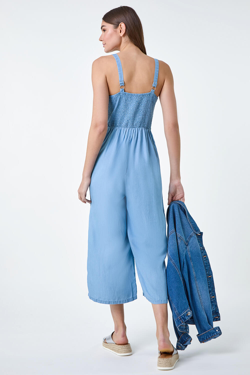 Blue Denim Shirred Back Strappy Jumpsuit | Roman UK