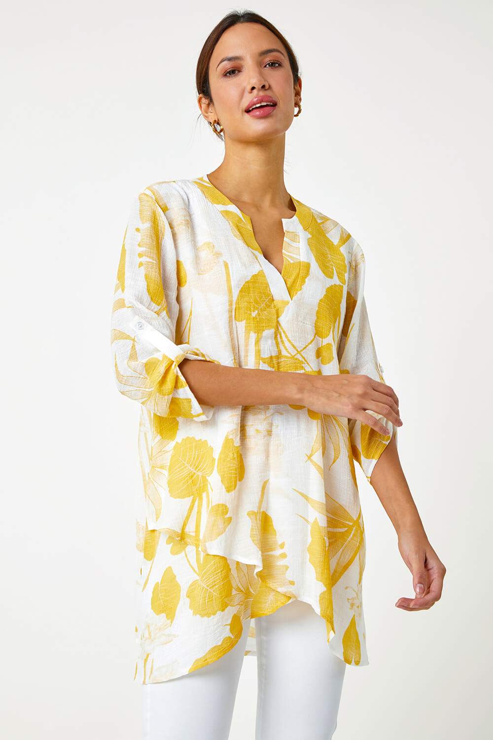 Palm Print Wrap Hem Tunic Top in Yellow - Roman Originals UK