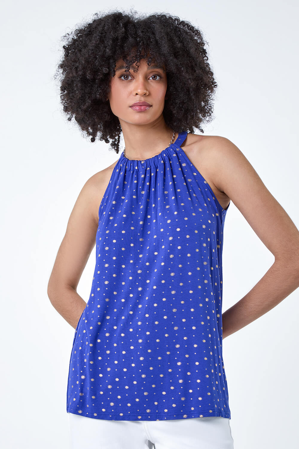 Royal Blue Metallic Foil Sun Halter Neck Top | Roman UK