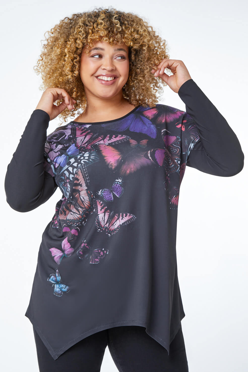 Curve Hanky Hem Butterfly Top in Purple - Roman Originals UK