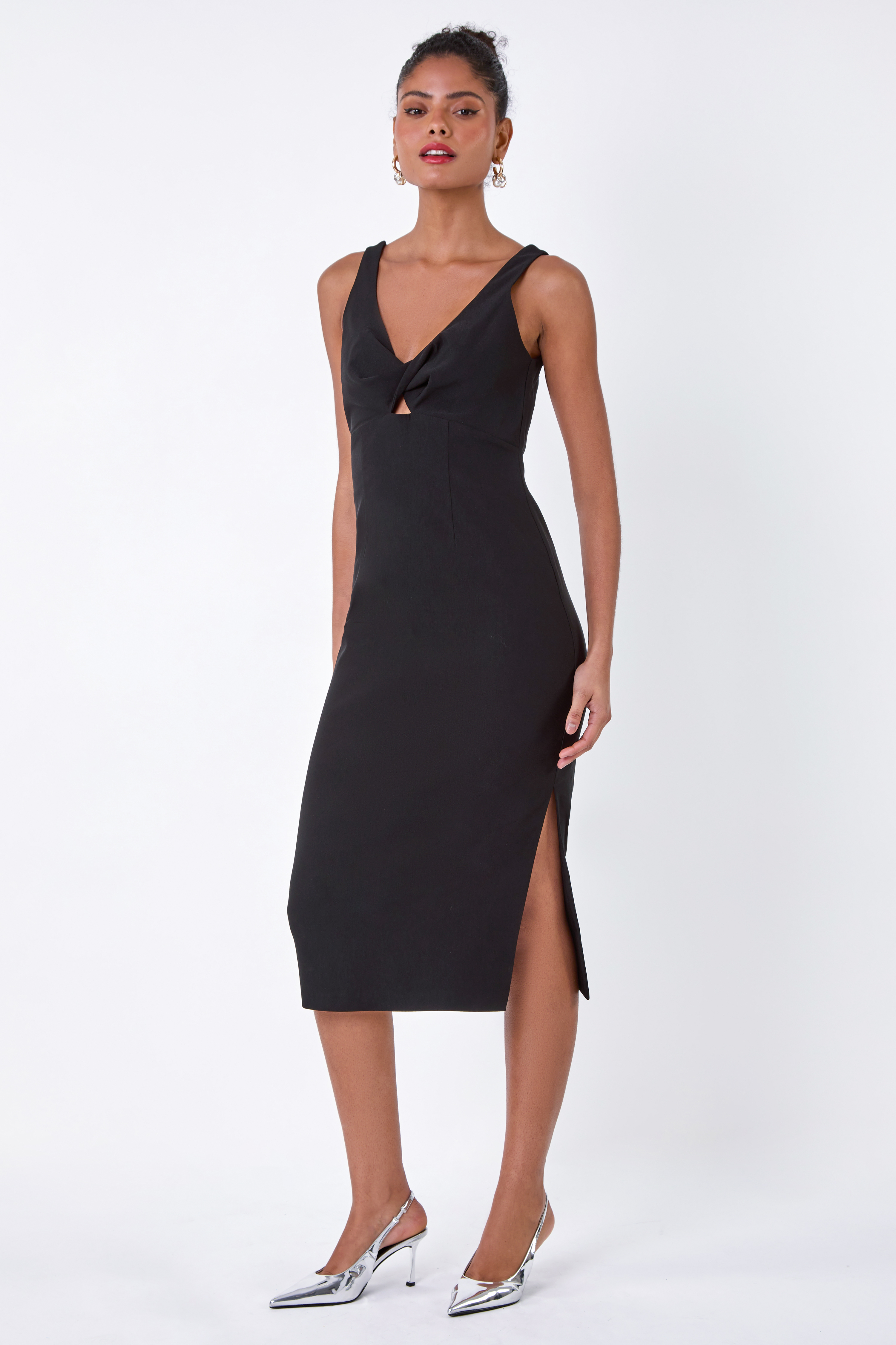 Black Cut Out Twist Detail Stretch Dress | Roman UK