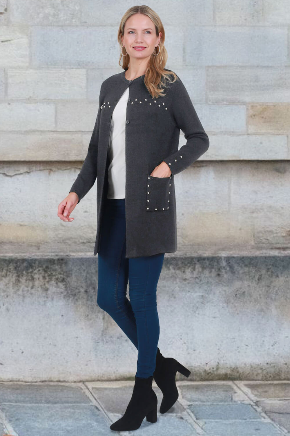 Grey Julianna Stud Embellished Coatigan | Roman UK