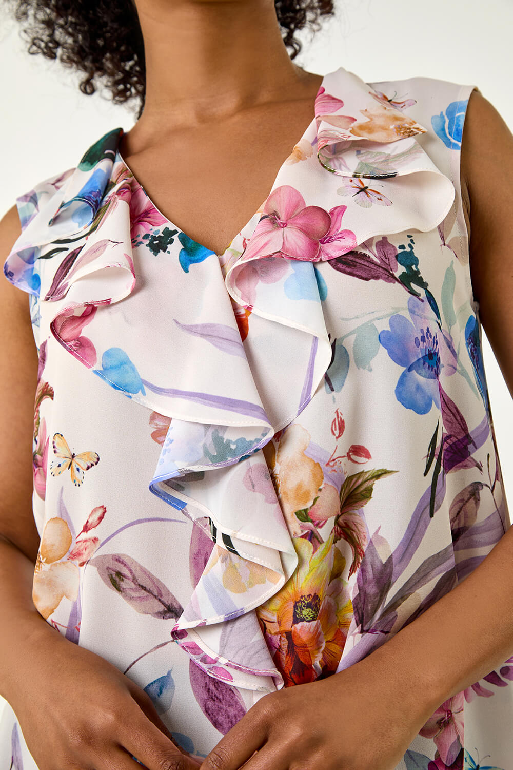 Ivory Petite Floral Frill Front Vest Top | Roman UK