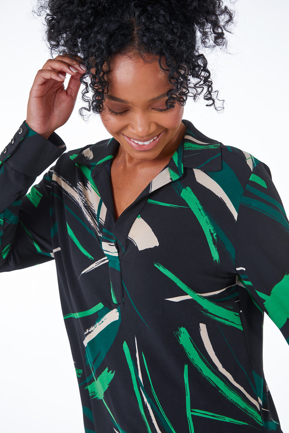Petite Abstract Print Stretch Shirt in Green - Roman Originals UK