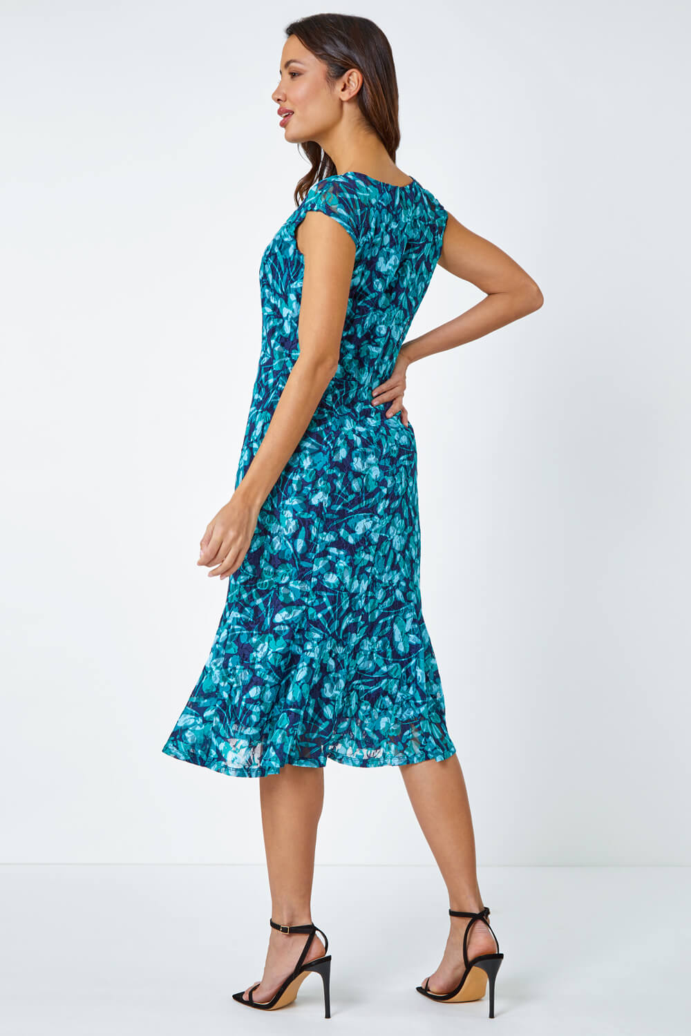 Teal Floral Print Lace Midi Stretch Dress | Roman UK