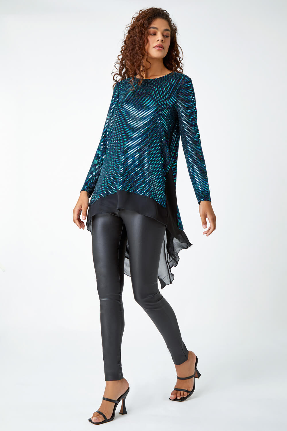 Turquoise Chiffon Hem Sequin Stretch Tunic Top | Roman UK