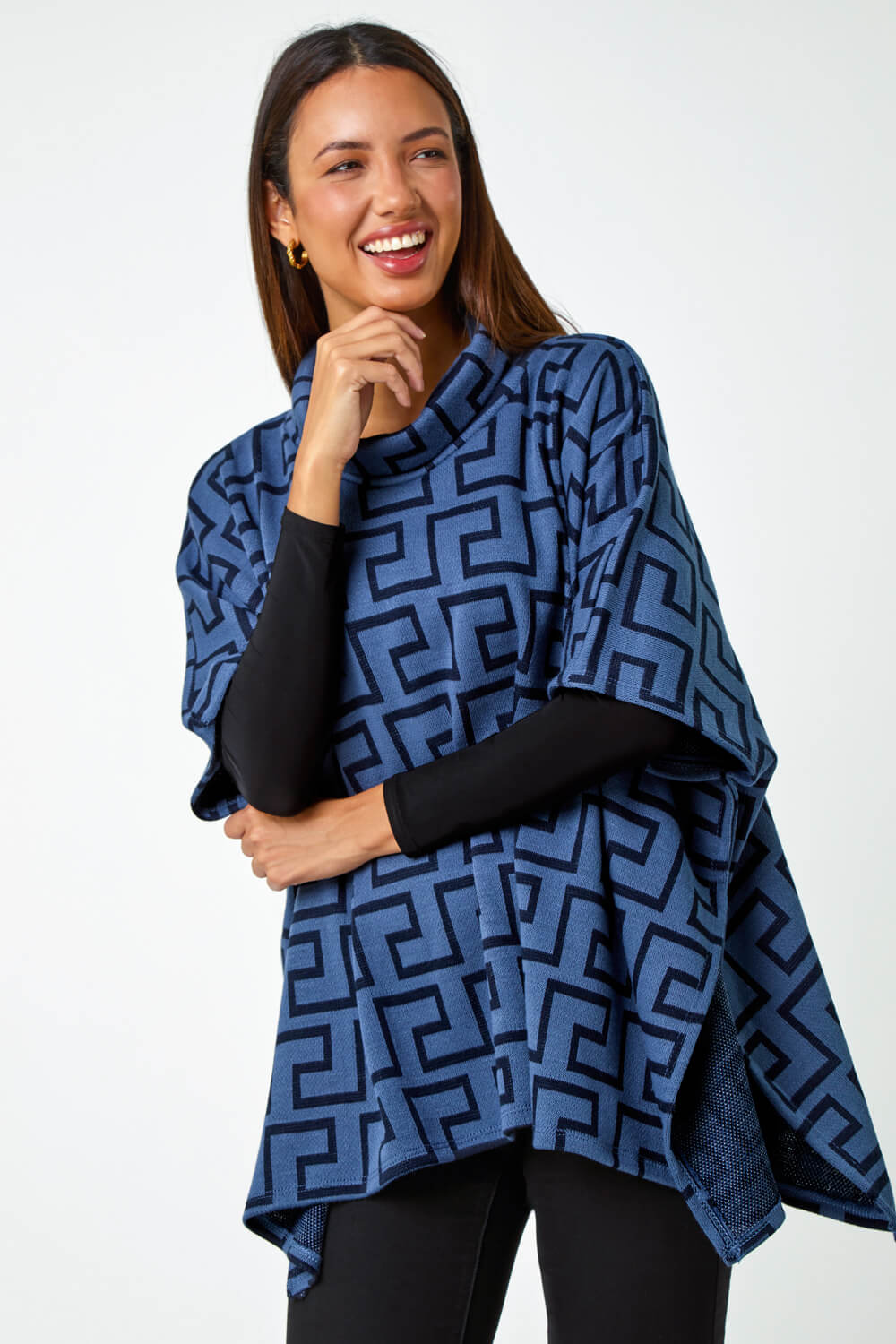 Blue Geometric Roll Neck Stretch Poncho | Roman UK