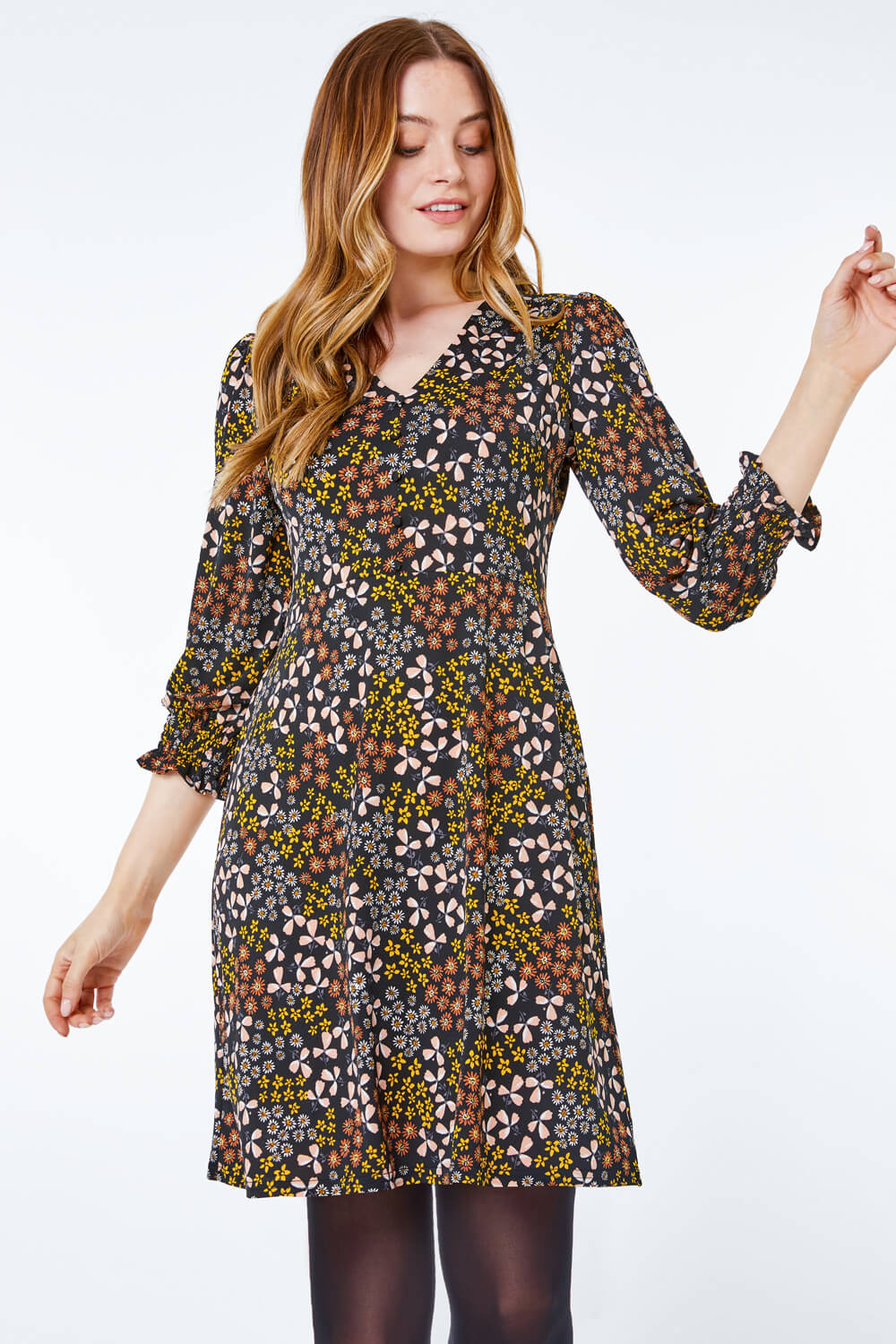 Ditsy Floral Print Tea Dress in Amber - Roman Originals UK