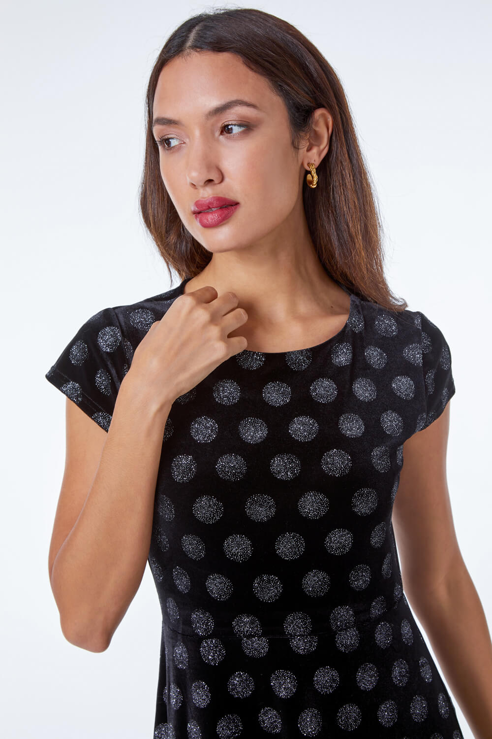 Shimmer Spot Print Velvet Midi Dress in Black - Roman Originals UK