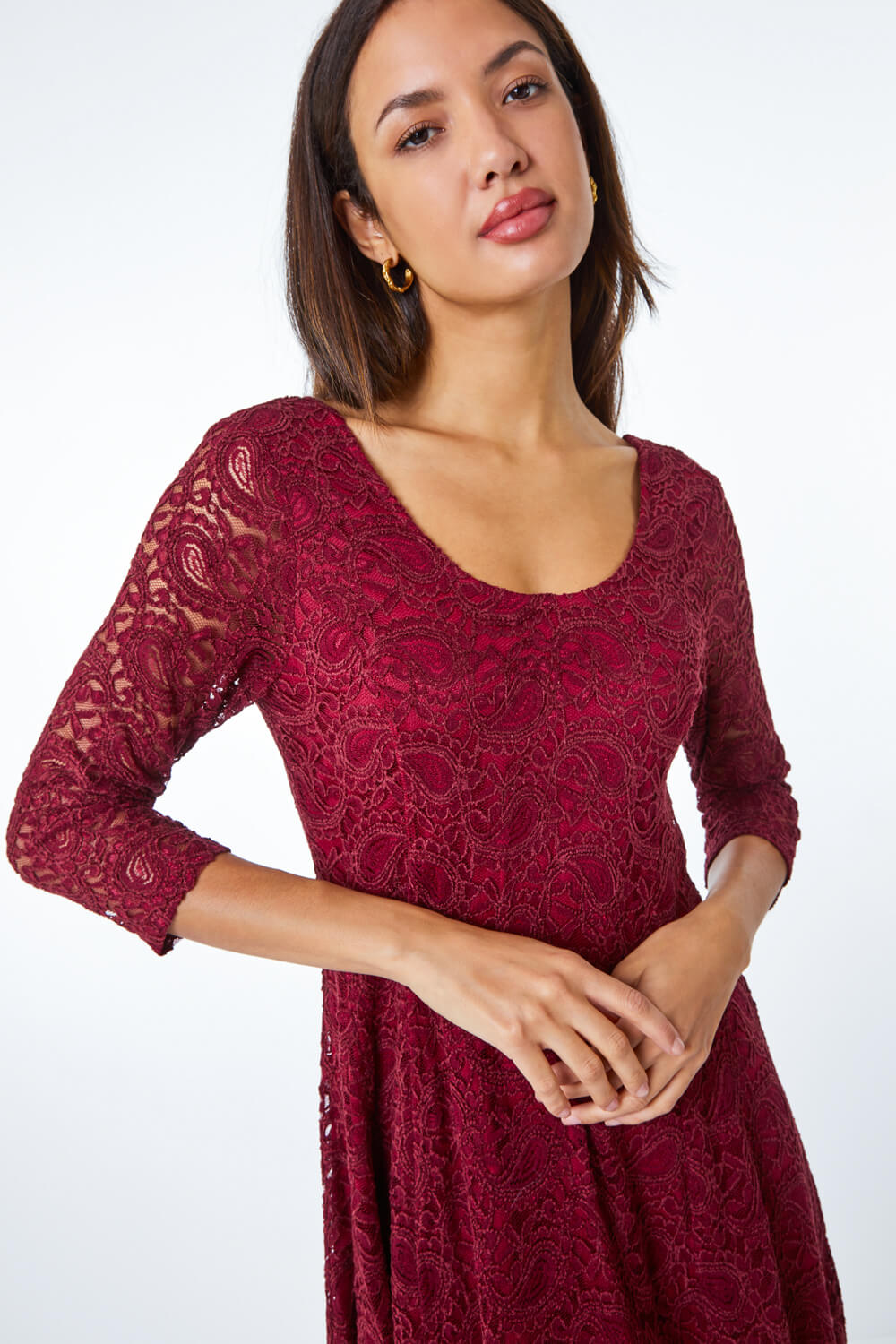 Paisley Lace Swing Dress in Wine - Roman Originals UK