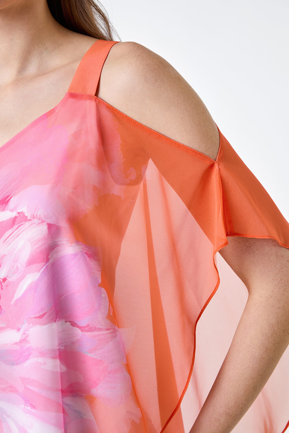 Orange Floral Print Cold Shoulder Overlay Top | Roman UK