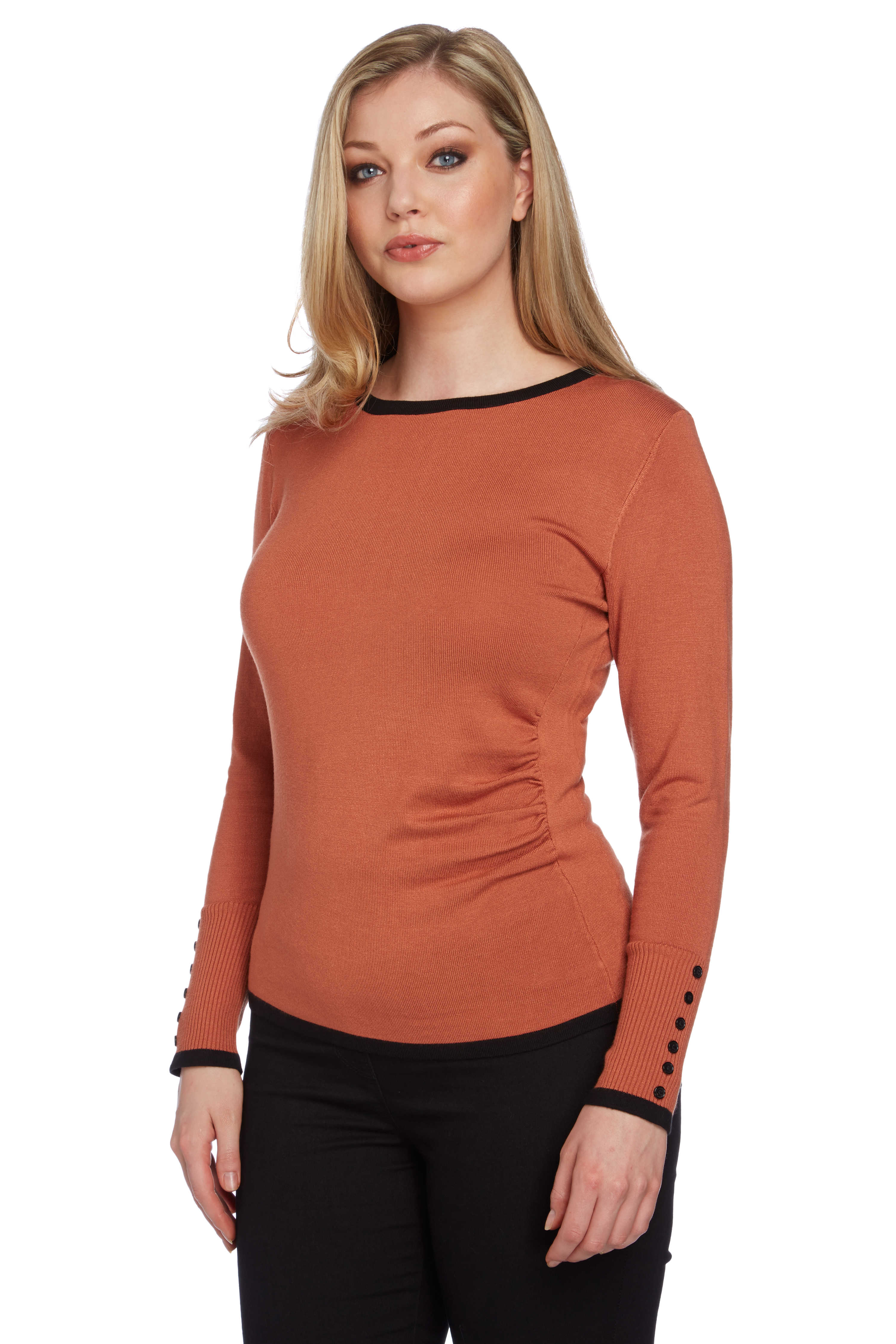 Button Detail Ruched Jumper in Rust - Roman Originals UK