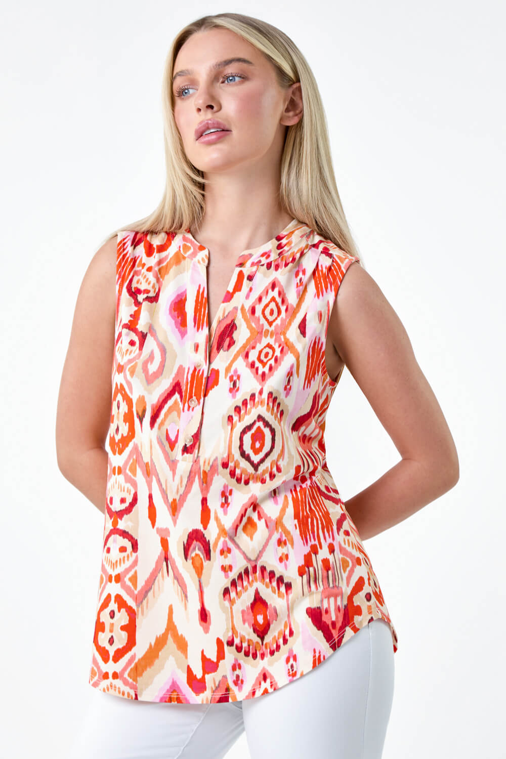 Orange Petite Aztec Print Stretch Top | Roman UK