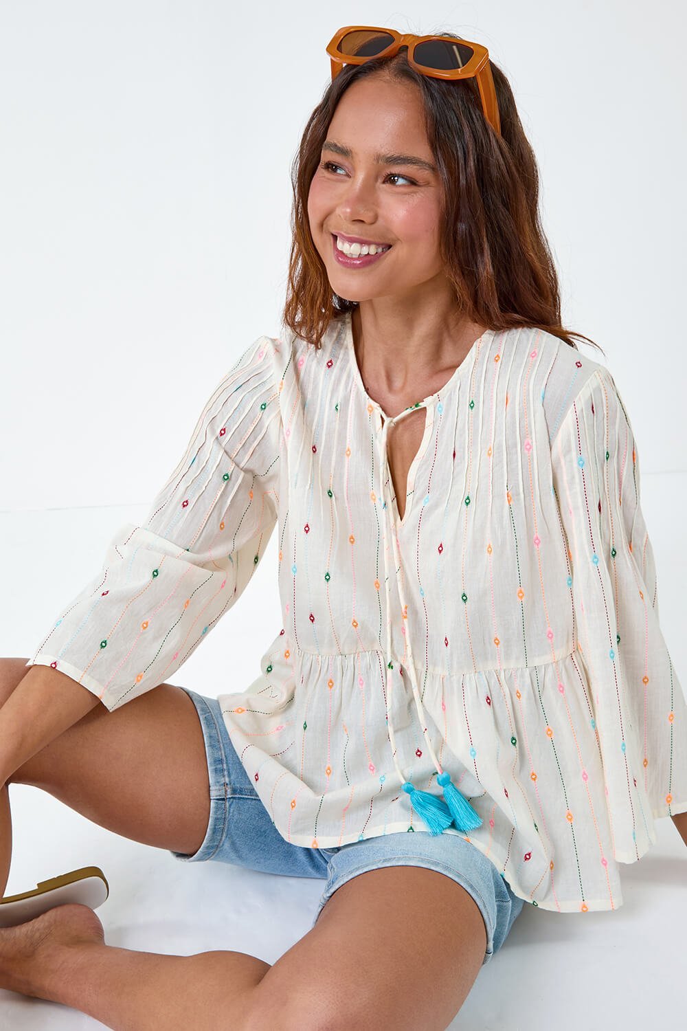 Ivory Petite Embroidered Cotton Smock Top | Roman UK