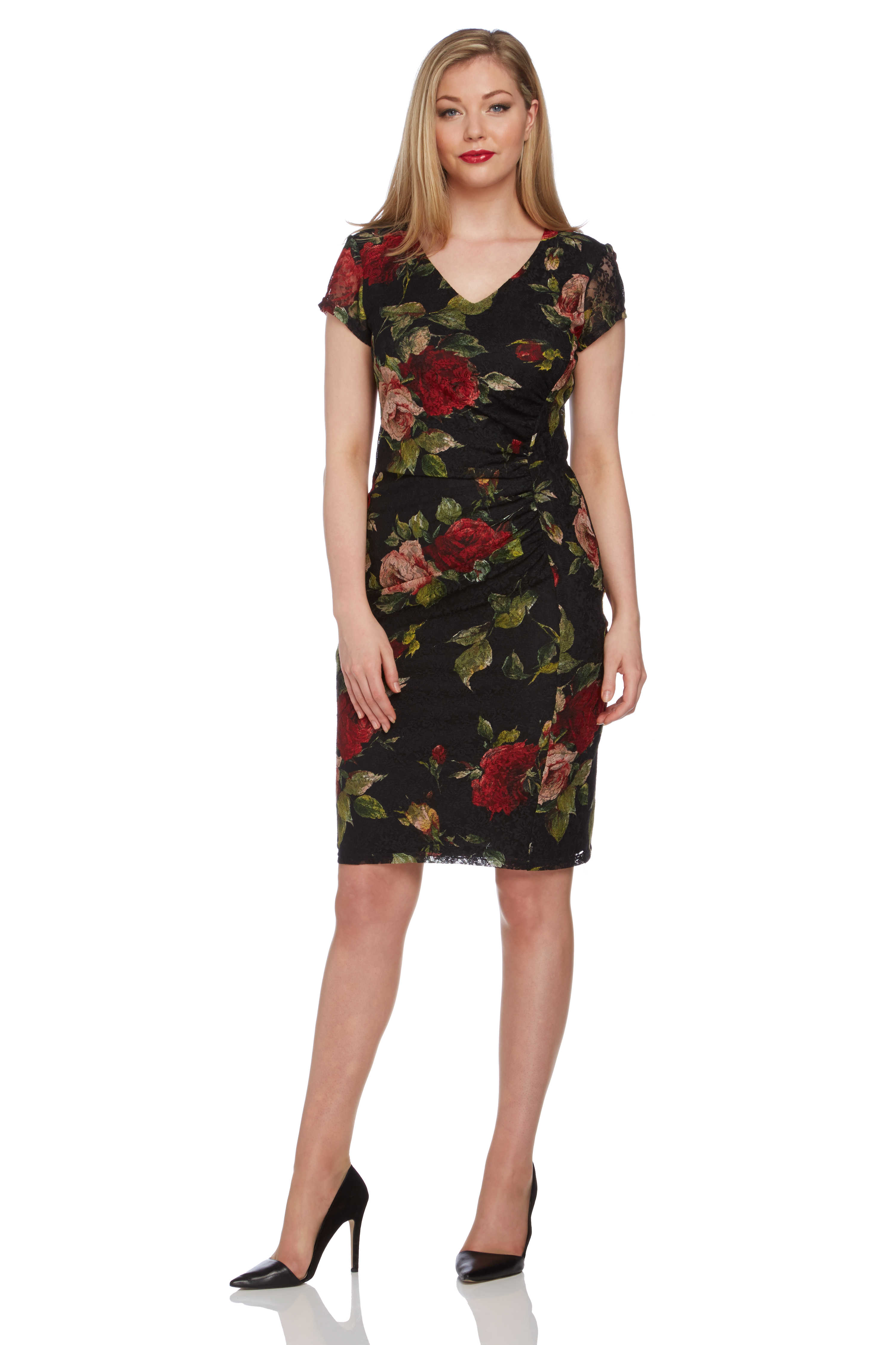 Floral Rose Printed Lace Dress in Black - Roman Originals UK