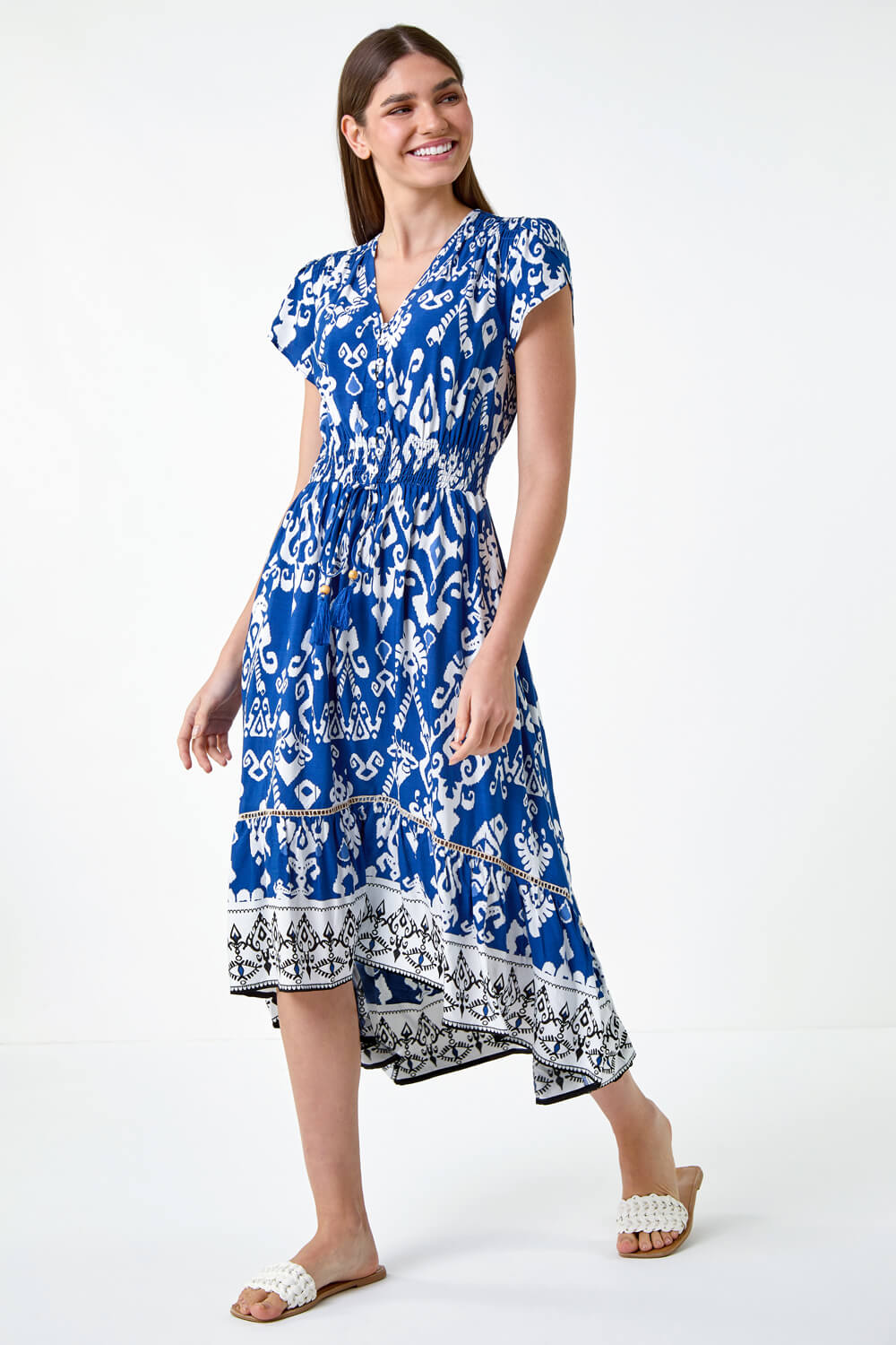 Blue Aztec Print Dipped Hem Midi Dress | Roman UK
