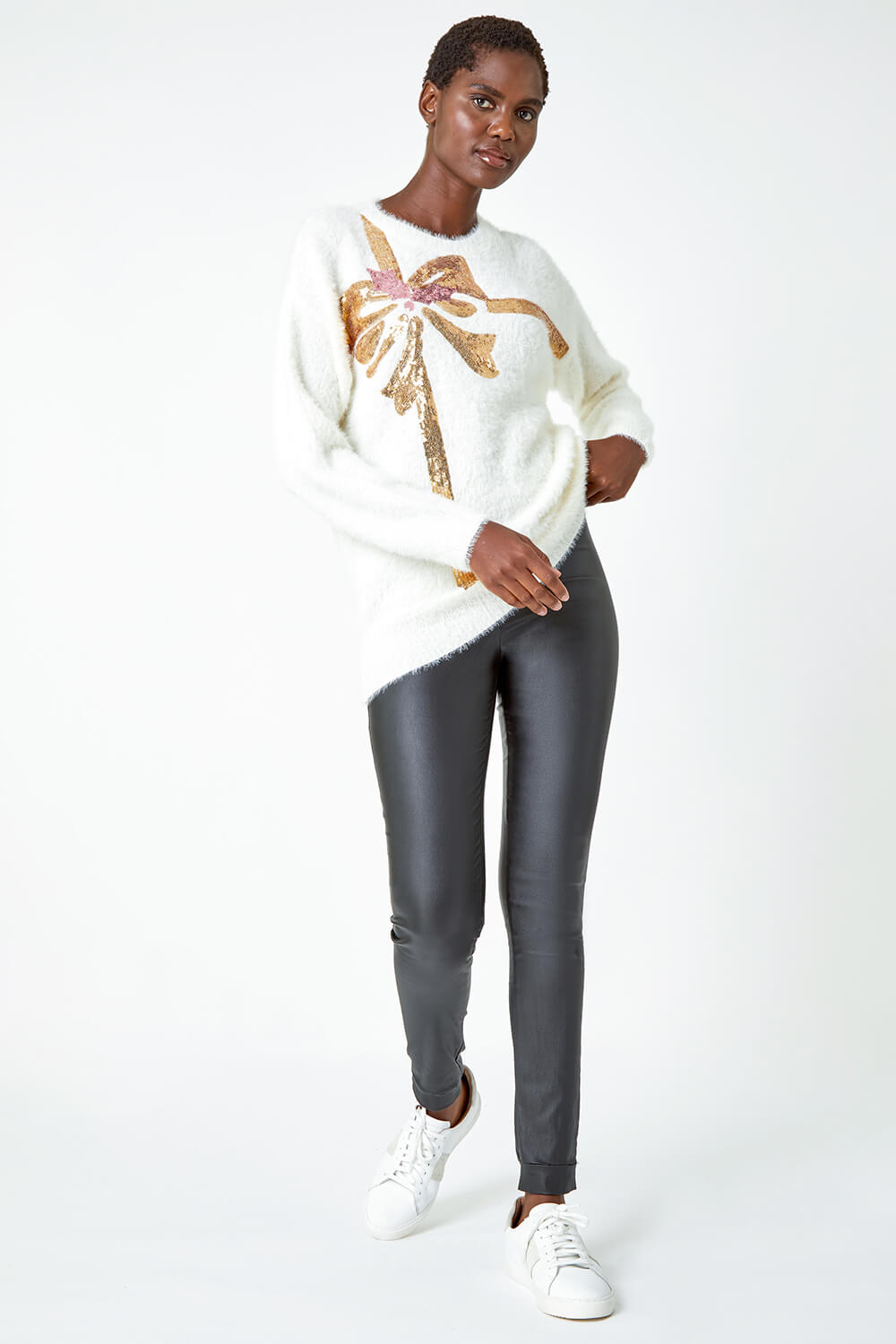 Ivory Sequin Bow Fluffy Knit Stretch Jumper | Roman UK