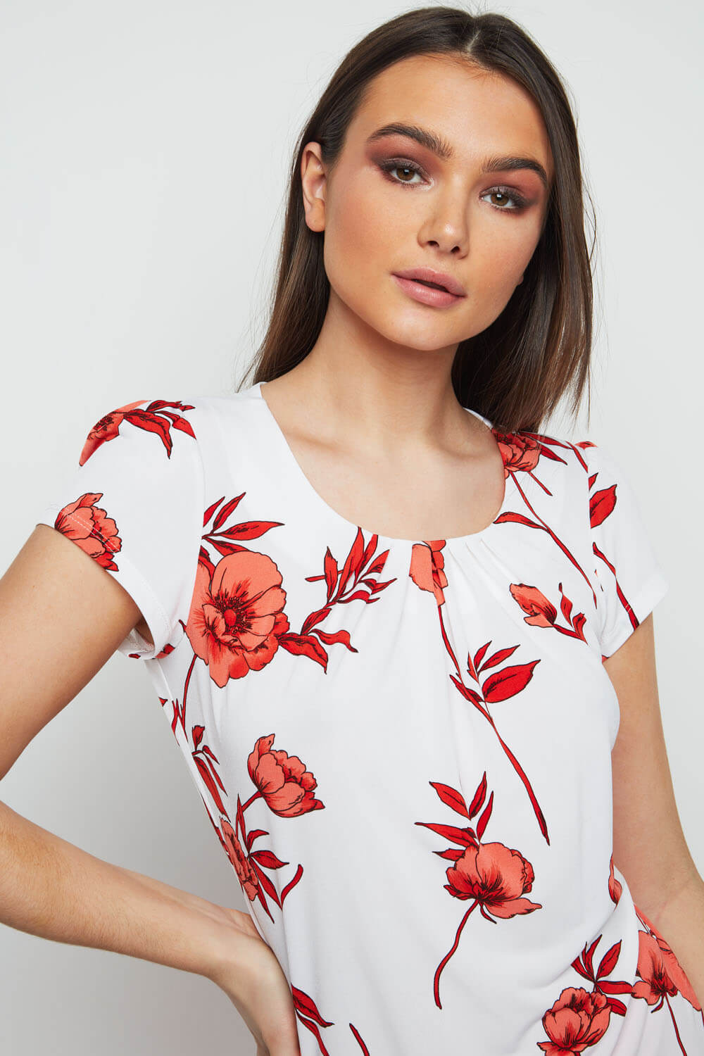 Floral Print Pleated Neck Top In Red Roman Originals Uk