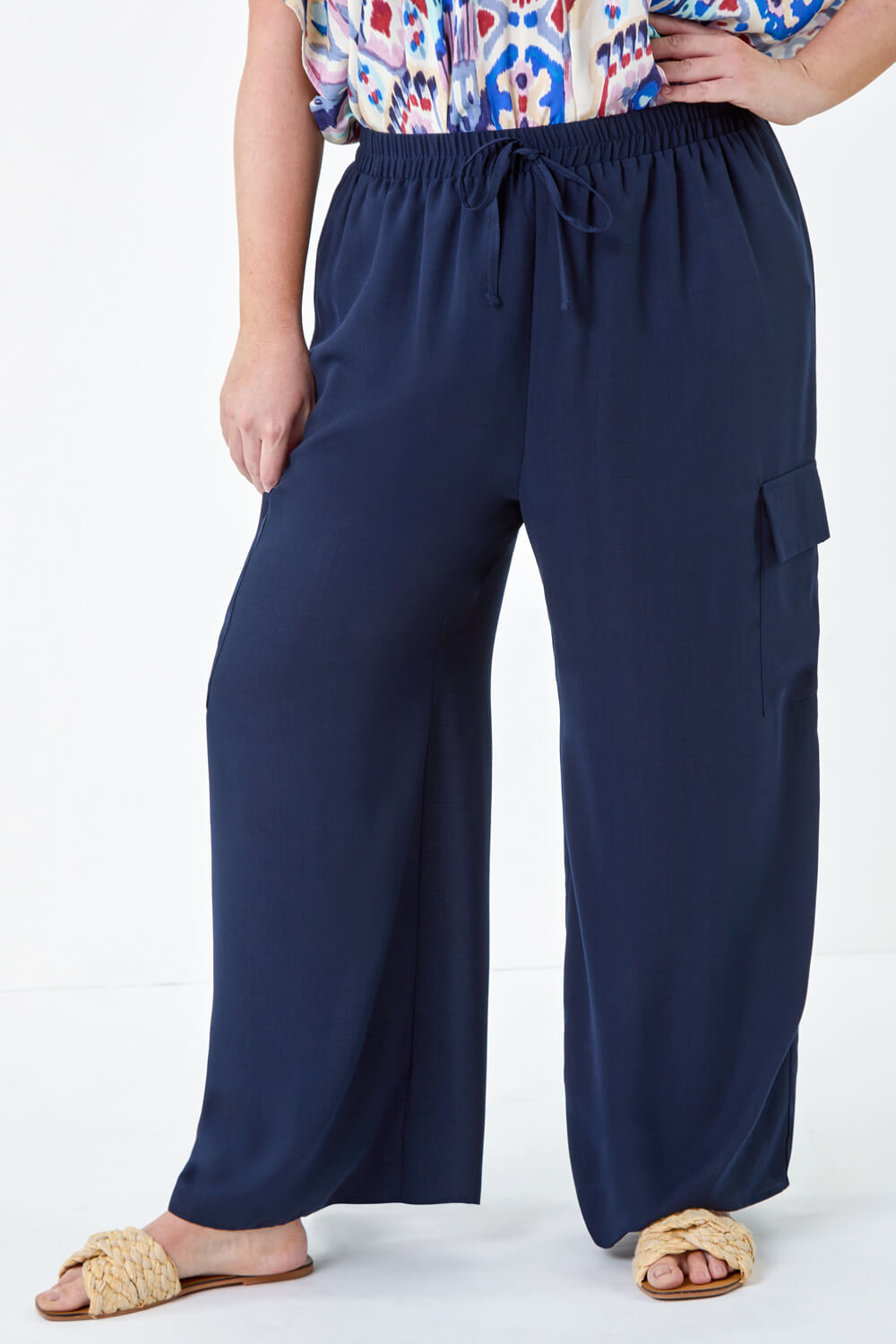 Navy Curve Linen Look Wide Leg Trousers | Roman UK