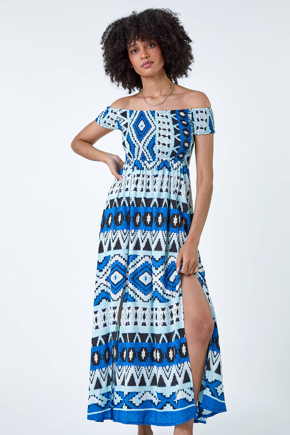 Blue Aztec Shirred Bardot Maxi Dress | Roman UK