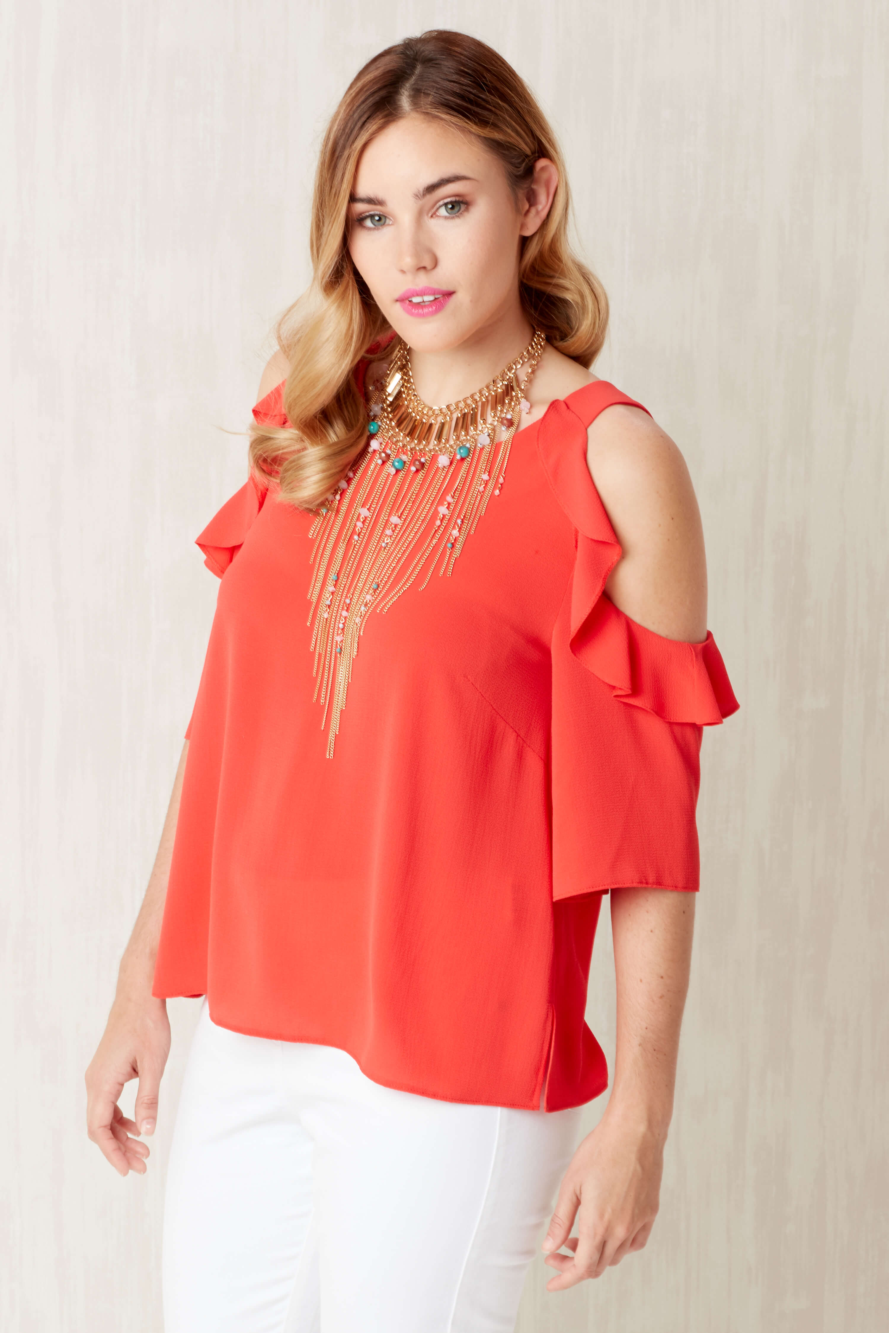 Cold Shoulder Frill Sleeve Top in Red - Roman Originals UK